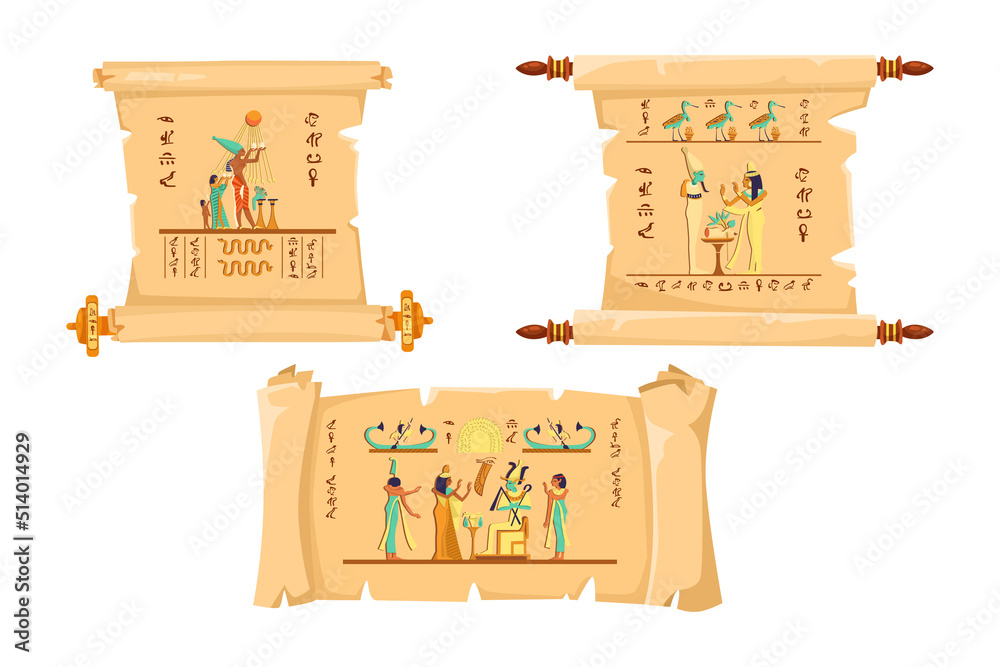 Old scrolls with Ancient Egypt history vector illustrations set ...