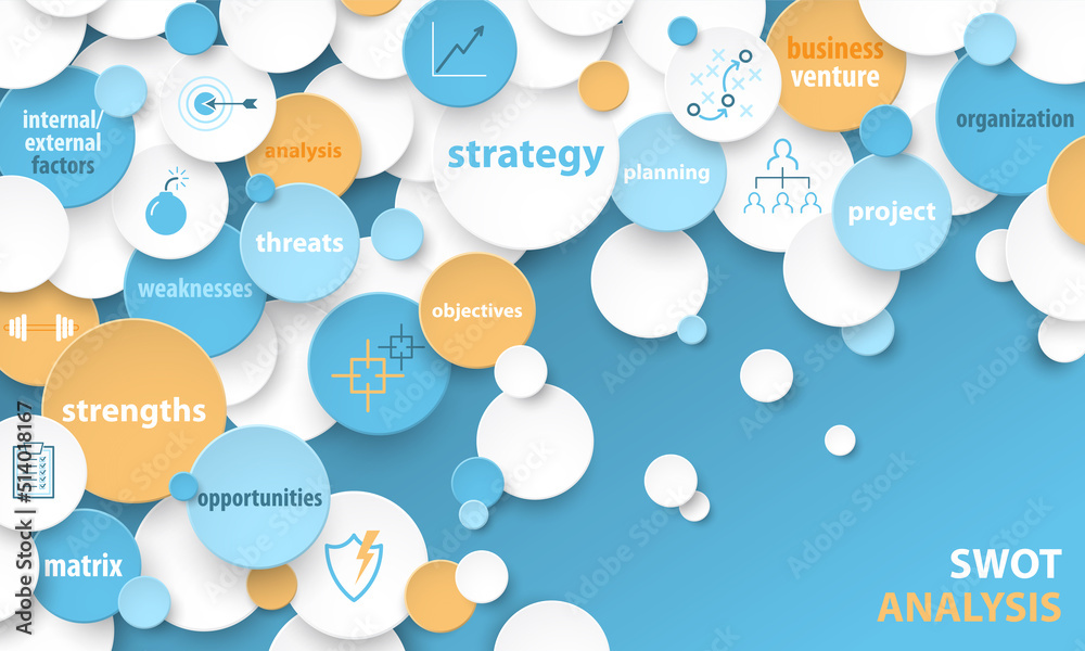 SWOT ANALYSIS colorful vector business concept on dark blue background ...