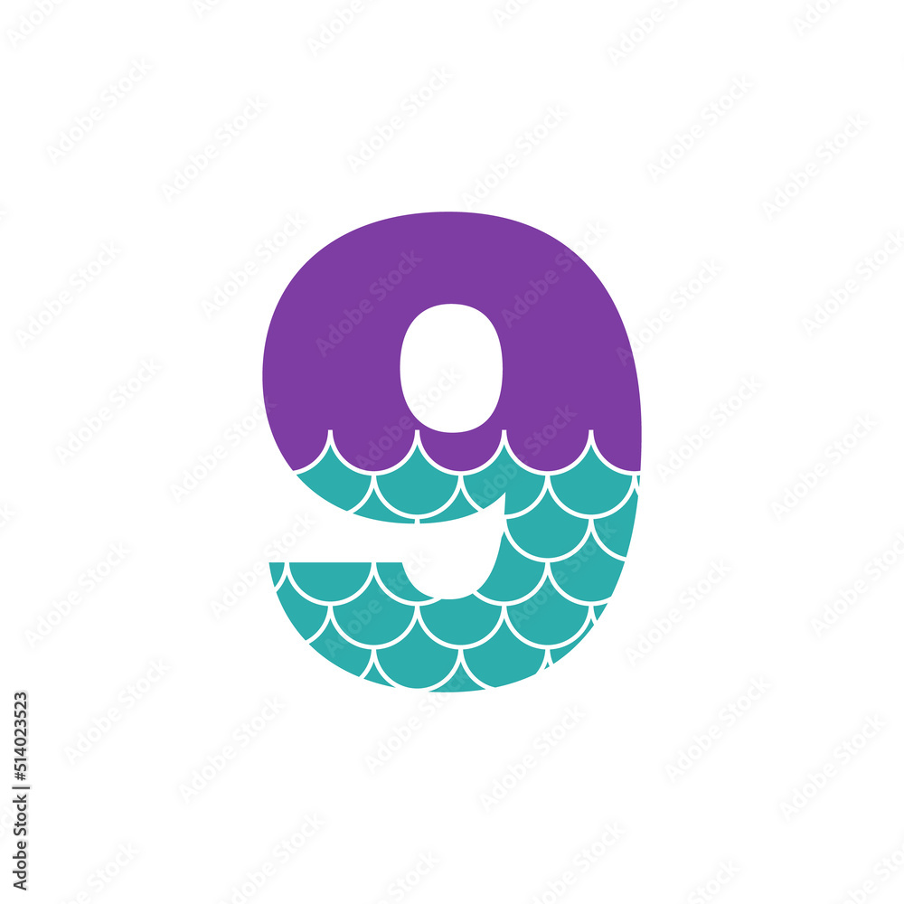 Mermaid birthday number 9. Clipart image isolated on white background ...