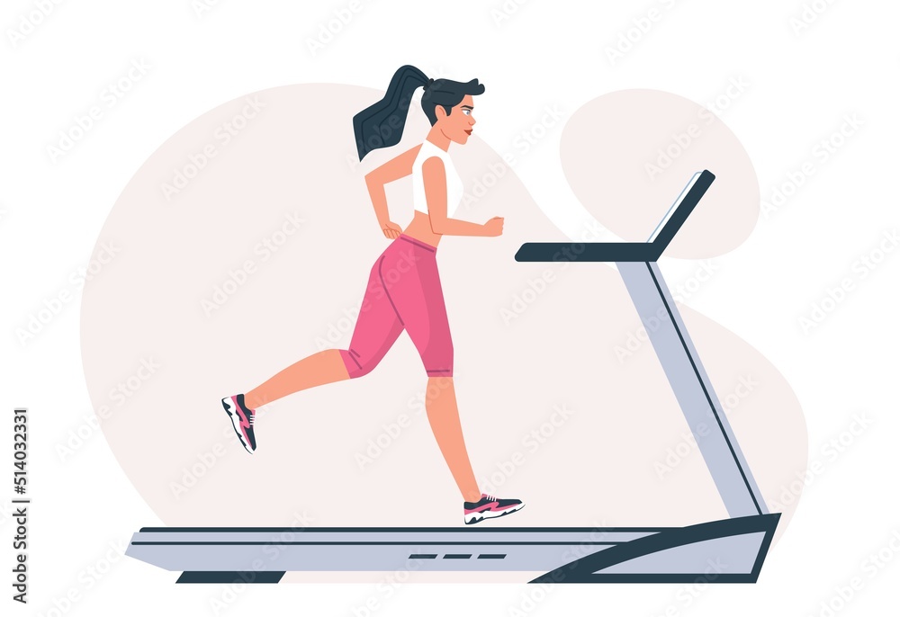 Woman runs on a treadmill. Active lifestyle. Flat cartoon vector ...