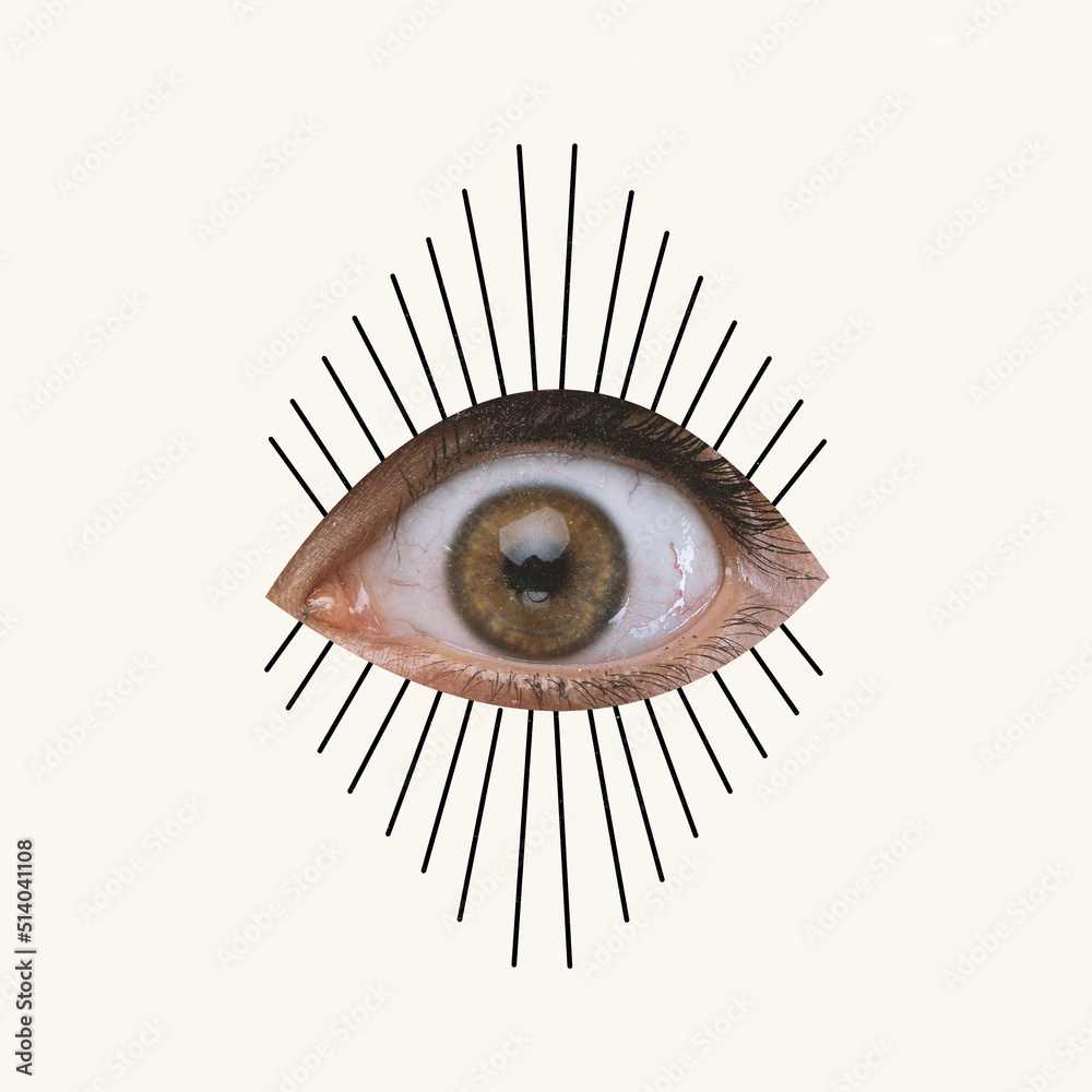 Contemporary art collage. Big widely opened female eye looking ...