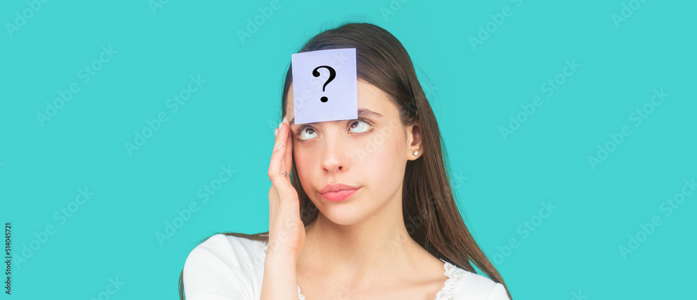 Paper notes with question marks. Doubtful girl asking questions to ...