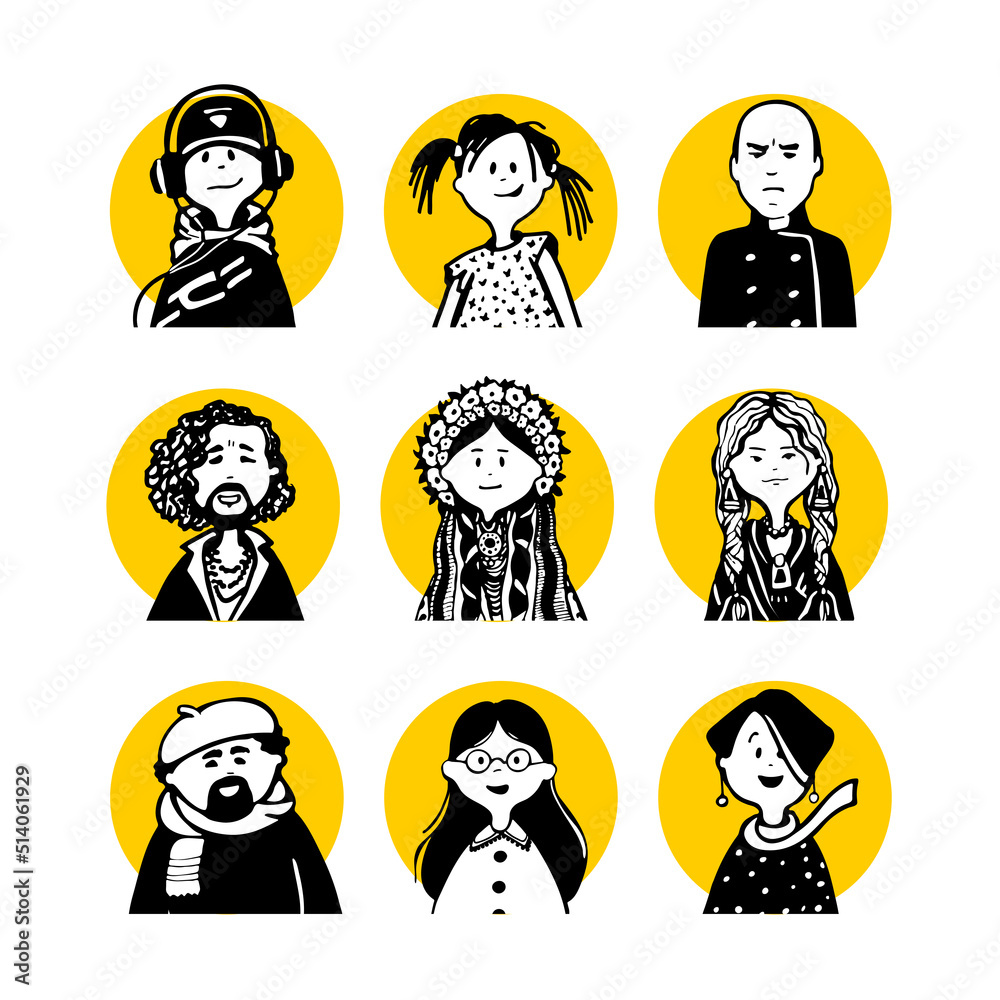 Collection of 13 comic faces and characters of people in the style of ...