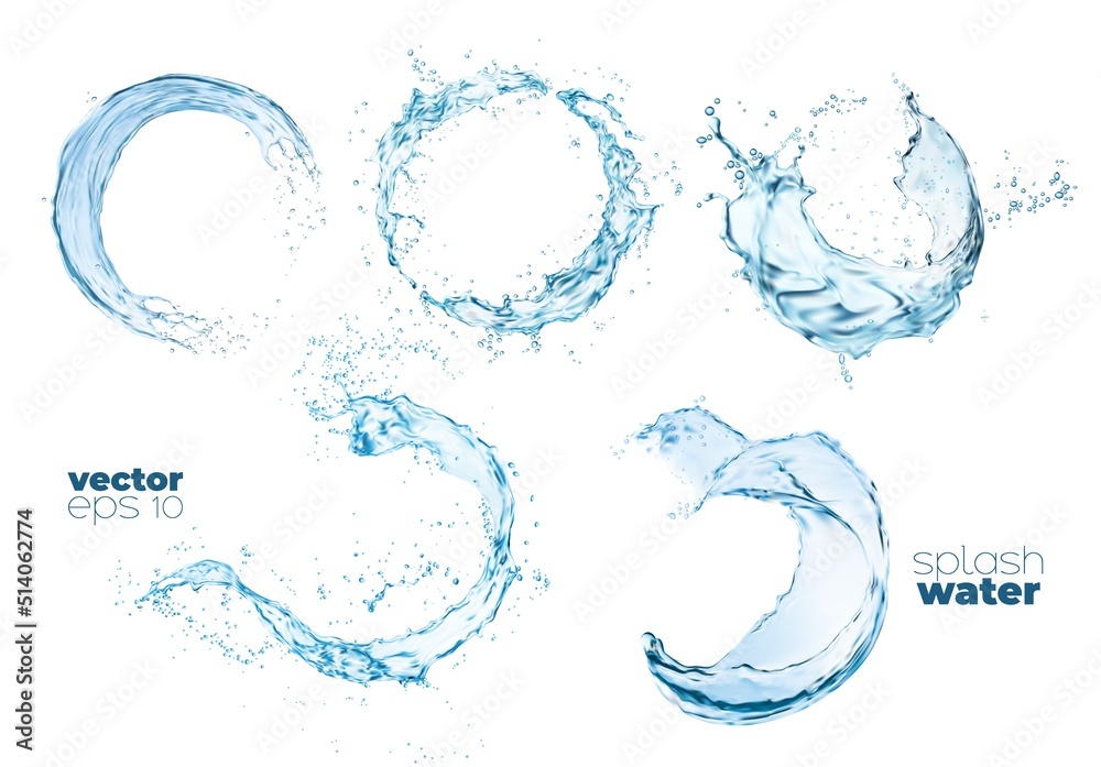 Round transparent water wave splash and swirls with drops, realistic ...