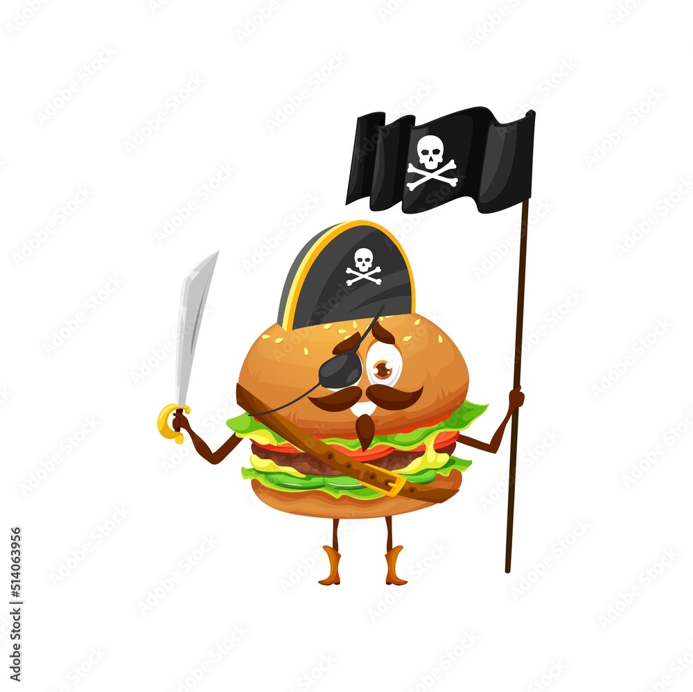 Cartoon hamburger pirate captain with flag. Happy fast food burger ...