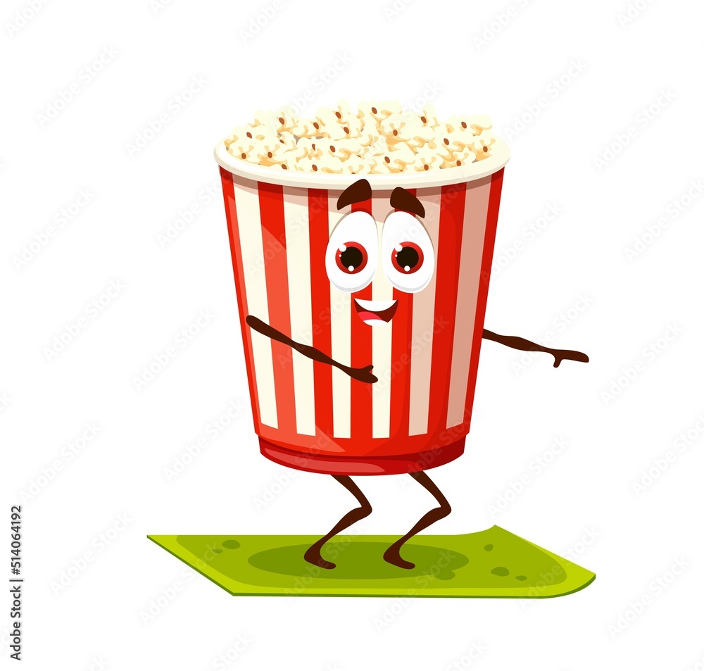 Cartoon funny popcorn bucket character on yoga fitness. Happy smiling ...