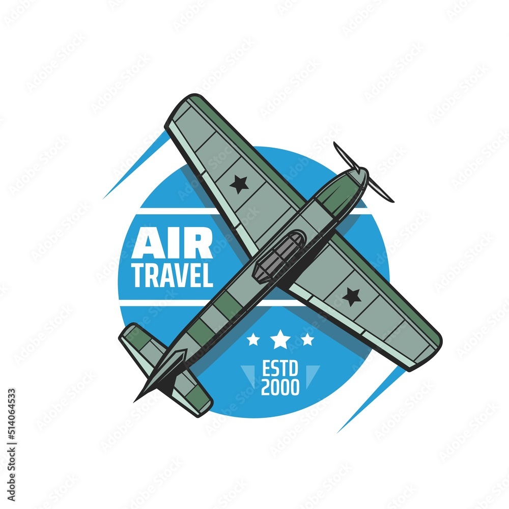 Air travel icon, vector emblem with propeller airplane with stars on ...