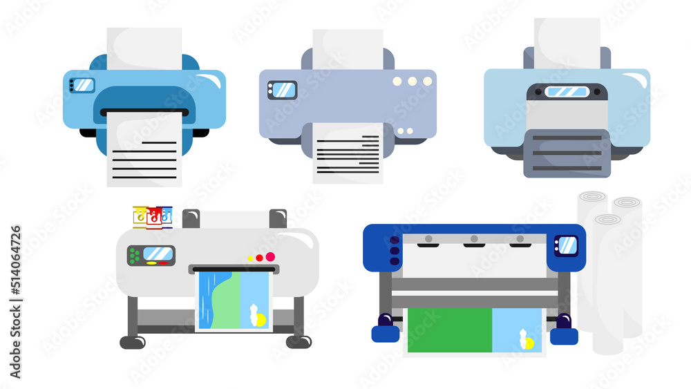 Set of multicolored printers in cartoon style. Vector illustration of ...