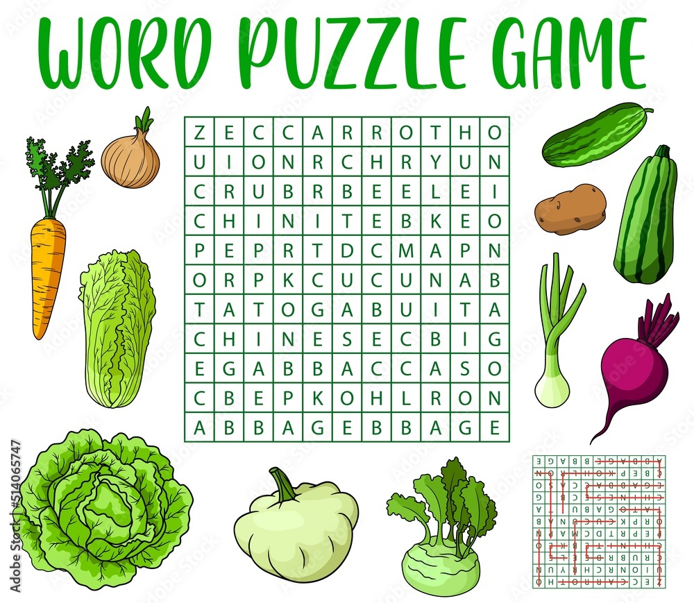 Raw farm vegetables on word search puzzle game worksheet. Child quiz ...