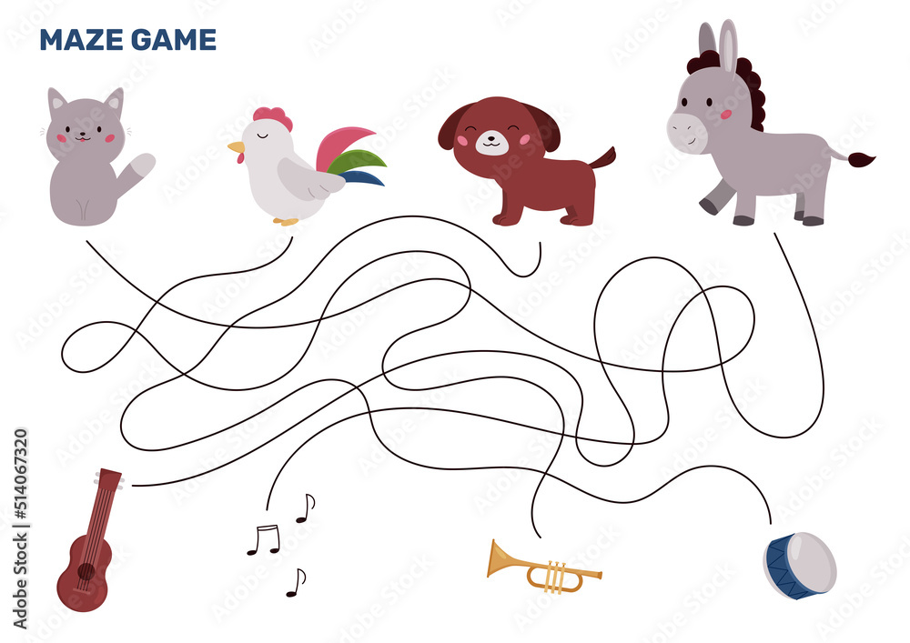 Maze game with cartoon characters from Bremen Town Musicians fairy tale ...