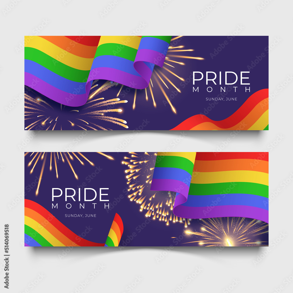 Banners with the LGBT rainbow realistic waving flags and fireworks ...