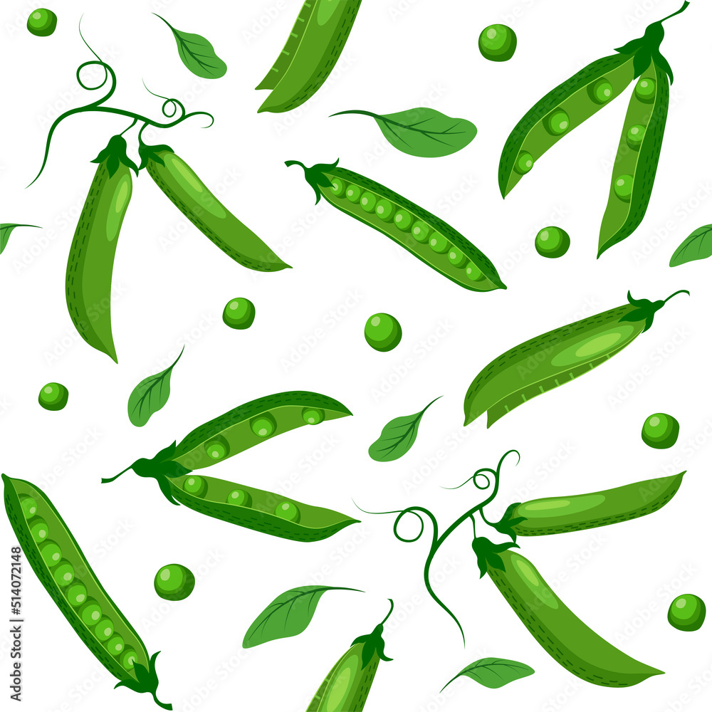 Seamless pattern with green peas, closed pods, open pods, individual ...
