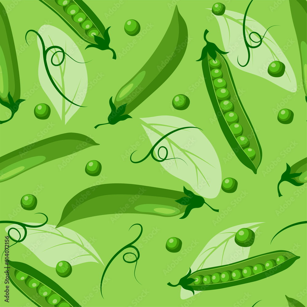 Seamless pattern with green peas, closed pods, open pods, individual ...