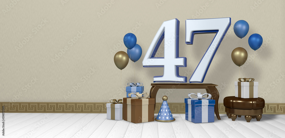 White number 47 with blue border on wooden table surrounded by bright ...