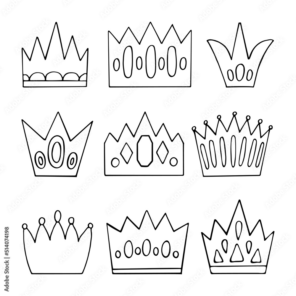 Set crowns doodle line art. The symbol power of monarchy. Crown of king ...