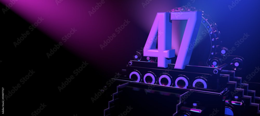 Solid number 47 on a reflective black stage illuminated with blue and ...