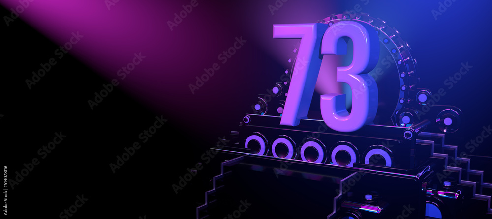 Solid number 73 on a reflective black stage illuminated with blue and ...