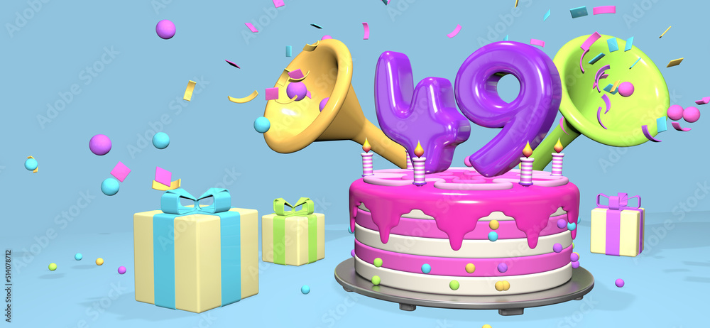 Pink birthday cake with thick purple number 49 surrounded by gift boxes ...