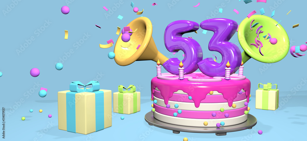 Pink birthday cake with thick purple number 53 surrounded by gift boxes ...