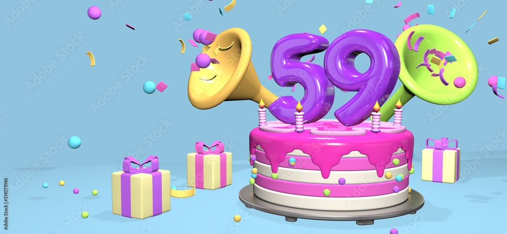 Pink birthday cake with thick purple number 59 surrounded by gift boxes ...