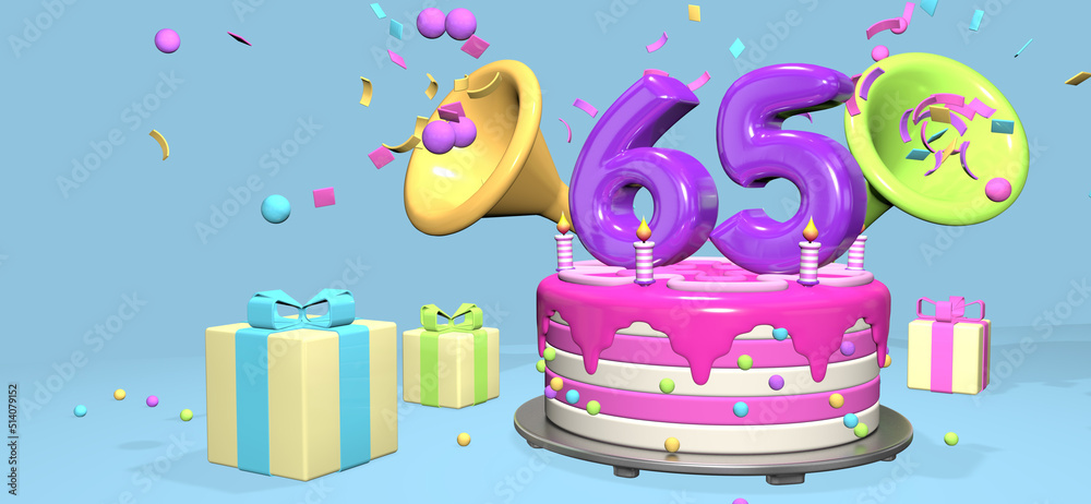 Pink birthday cake with thick purple number 65 surrounded by gift boxes ...