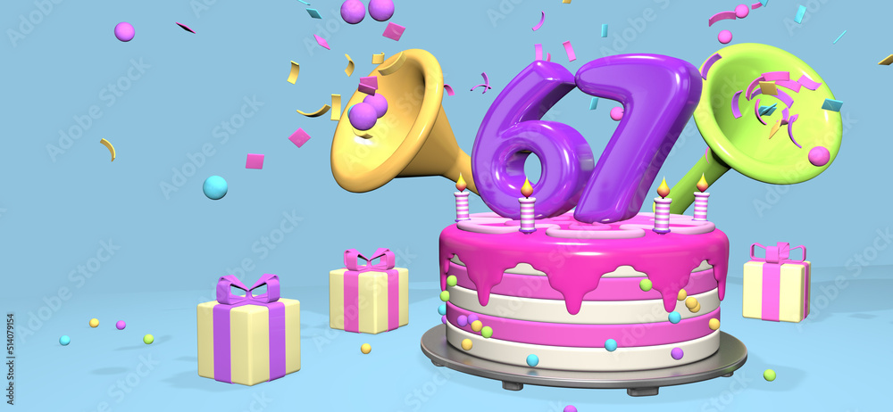 Pink birthday cake with thick purple number 67 surrounded by gift boxes ...