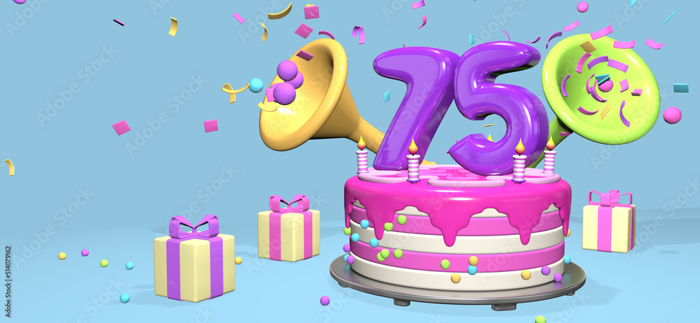 Pink birthday cake with thick purple number 75 surrounded by gift boxes ...