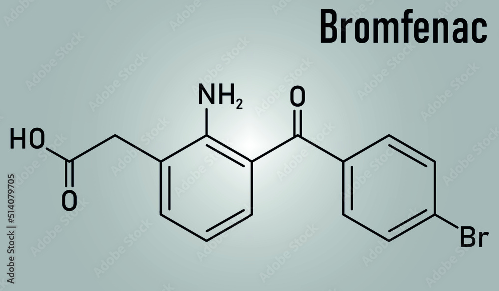 Skeletal formula of Bromfenac NSAID eye drop drug molecule. Stock ...