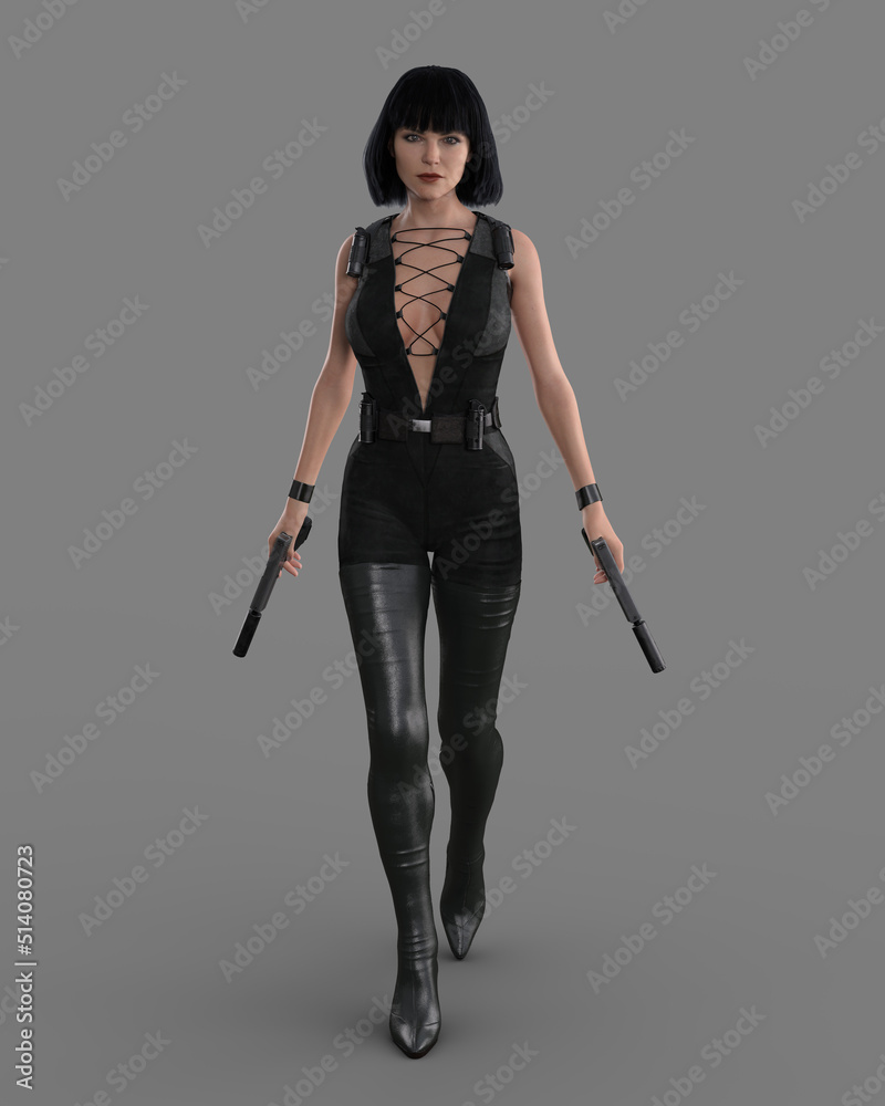 Beautiful fantasy female assassin walking with gun in each hand. 3D ...