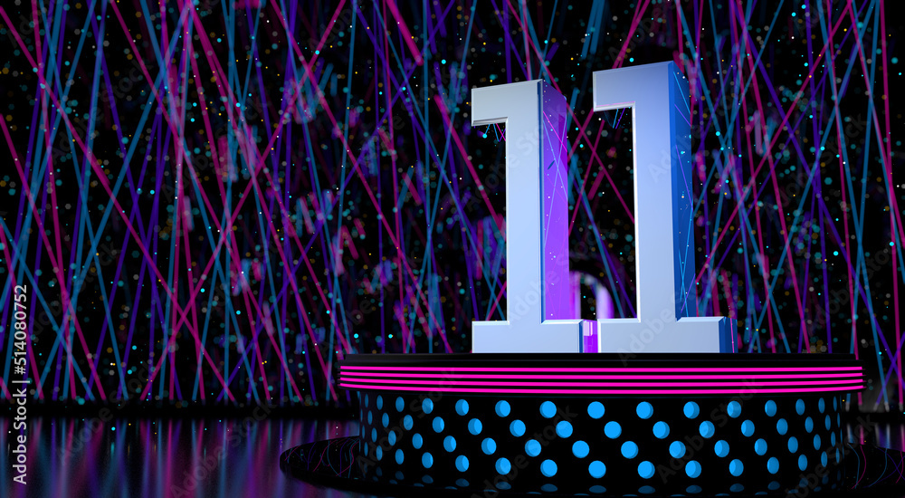 Solid number 11 on a round stage with blue and magenta lights with a ...