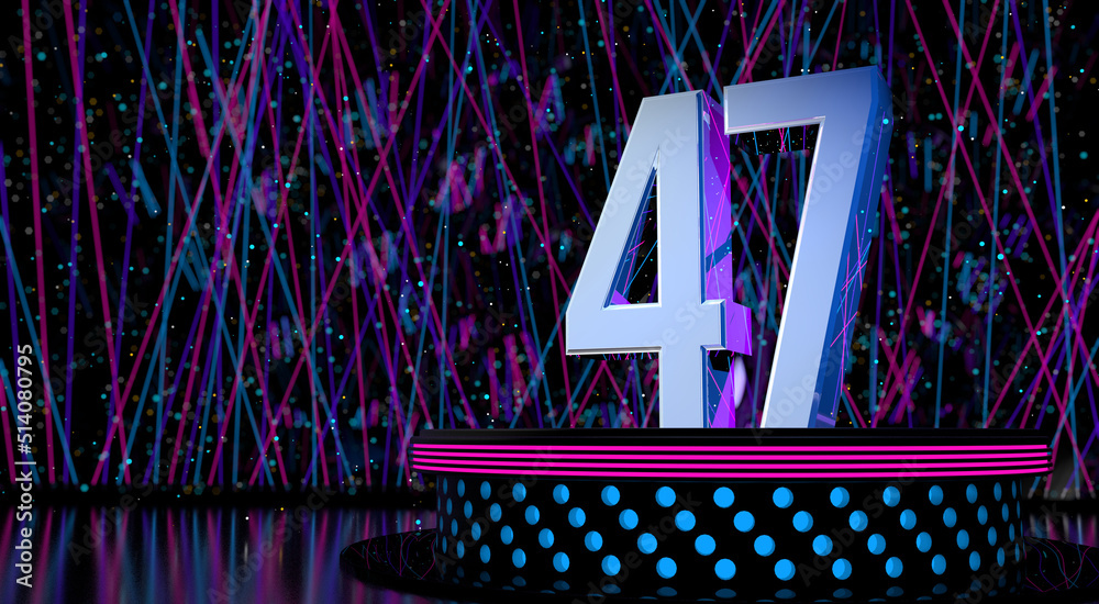 Solid number 47 on a round stage with blue and magenta lights with a ...