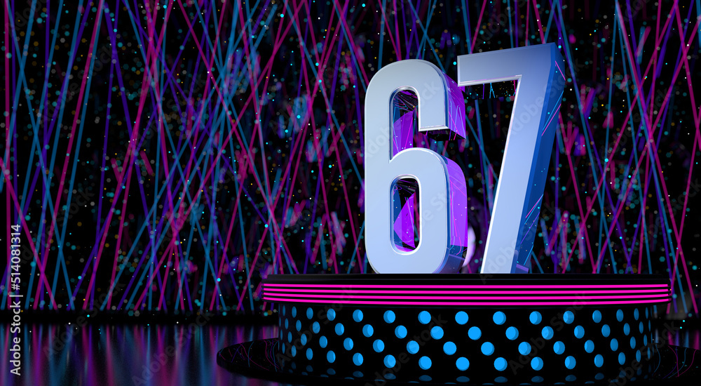 Solid number 67 on a round stage with blue and magenta lights with a ...