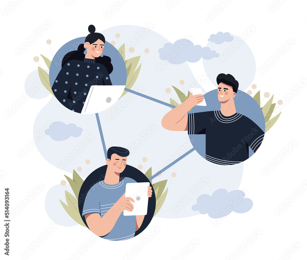 Connected people concept. Men and woman communicate in social networks ...