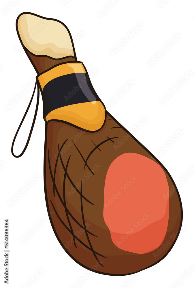 Tasty Iberian ham leg in cartoon style over white background, Vector ...