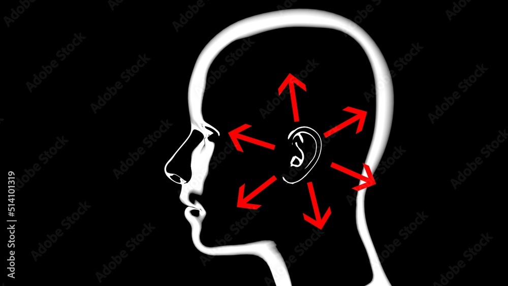 Arrows around human ear. Silhouette of person with arrows surrounding ...