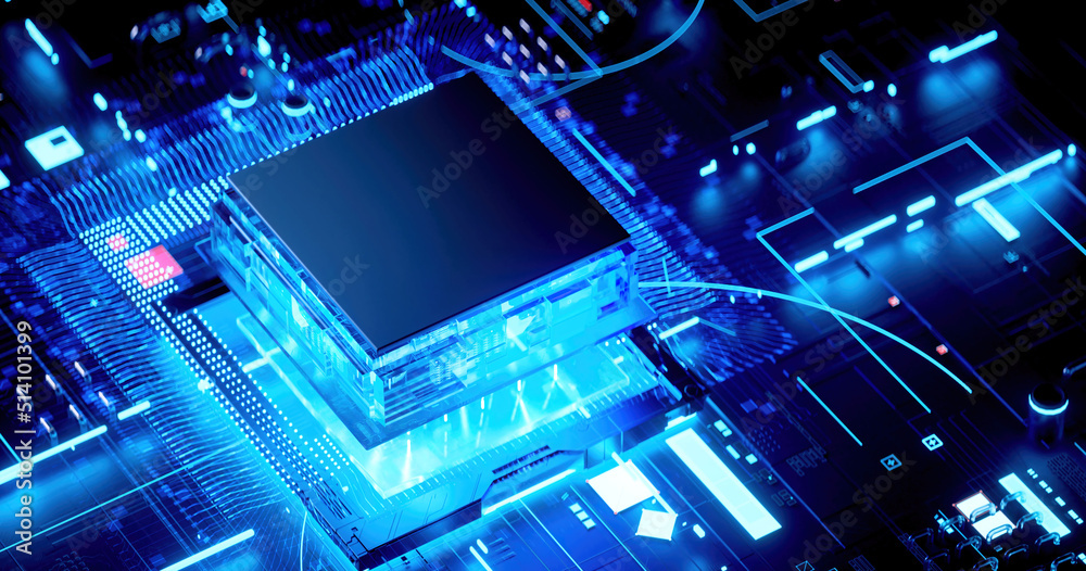 3D rendering of cyberpunk AI. Circuit board. Technology background ...