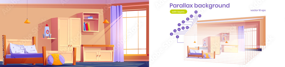 Parallax background kids bedroom for 2d game animation. Child room ...