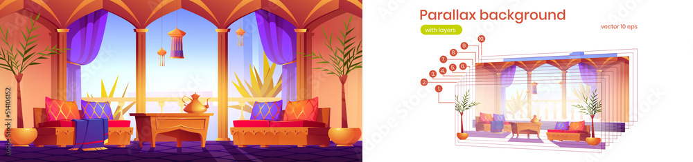 Parallax background for game with arabic style living room, palace or ...