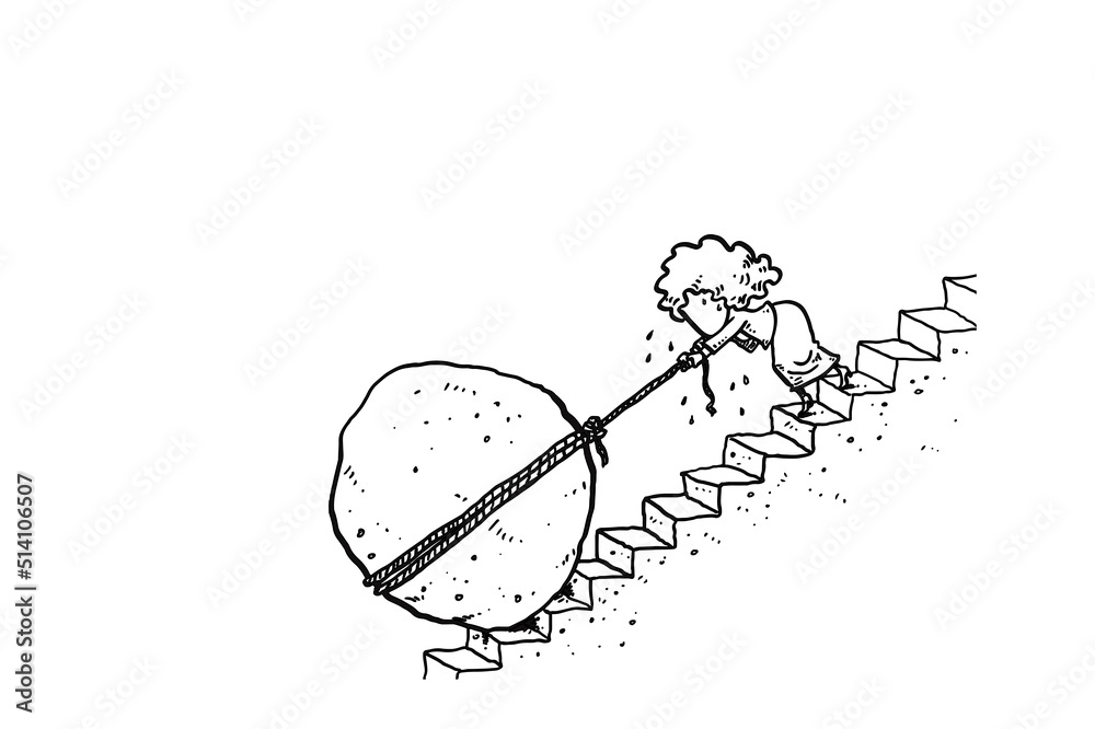 Businesswoman pulling big boulder upstair. concept of hardwork. Cartoon ...