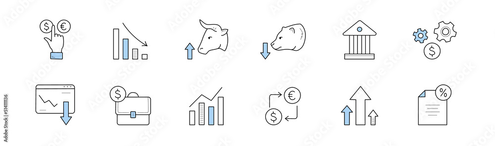 Stock market doodle icons, isolated vector set of linear signs. Finger ...