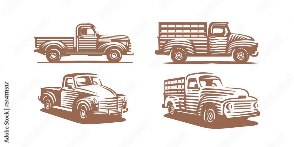 Vintage farmer pickup truck drawing in etching style. Vector woodcut ...
