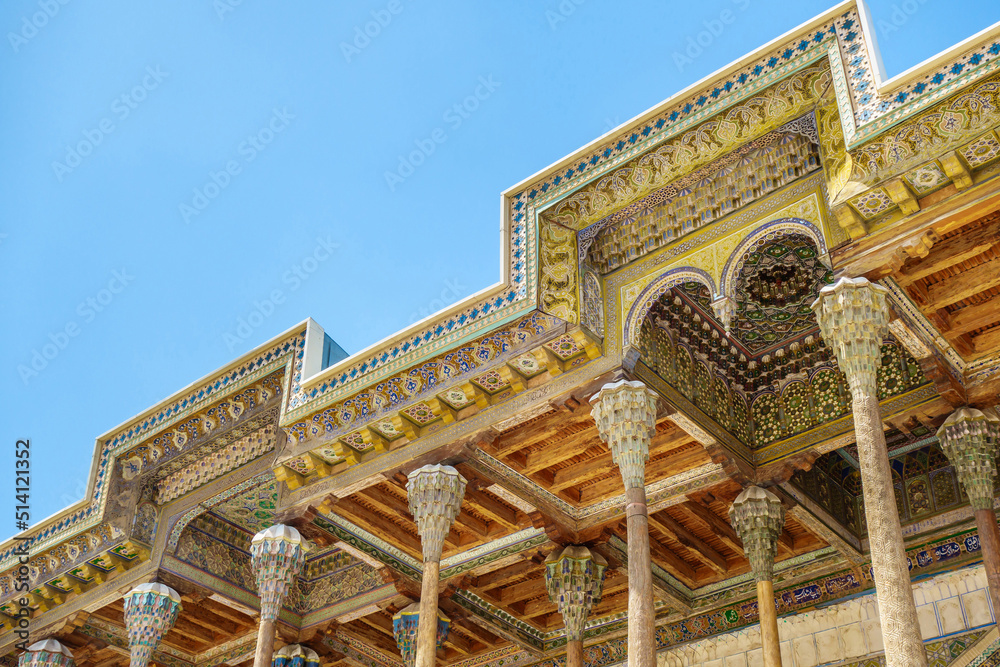 Details of the street gallery of the Bolo-Haouz mosque: painted wooden ...