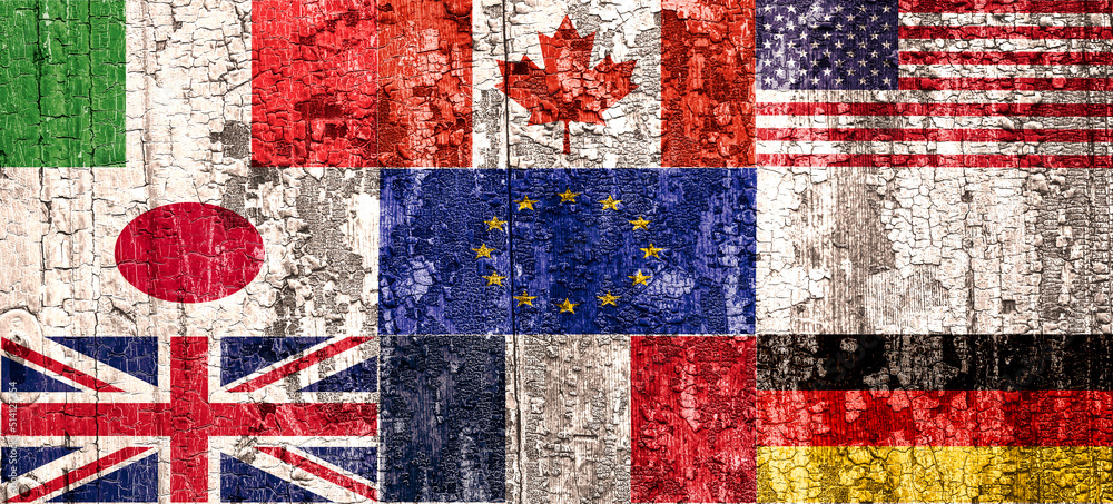 G7 summit. flags of members of G7 group of seven and list of countries ...