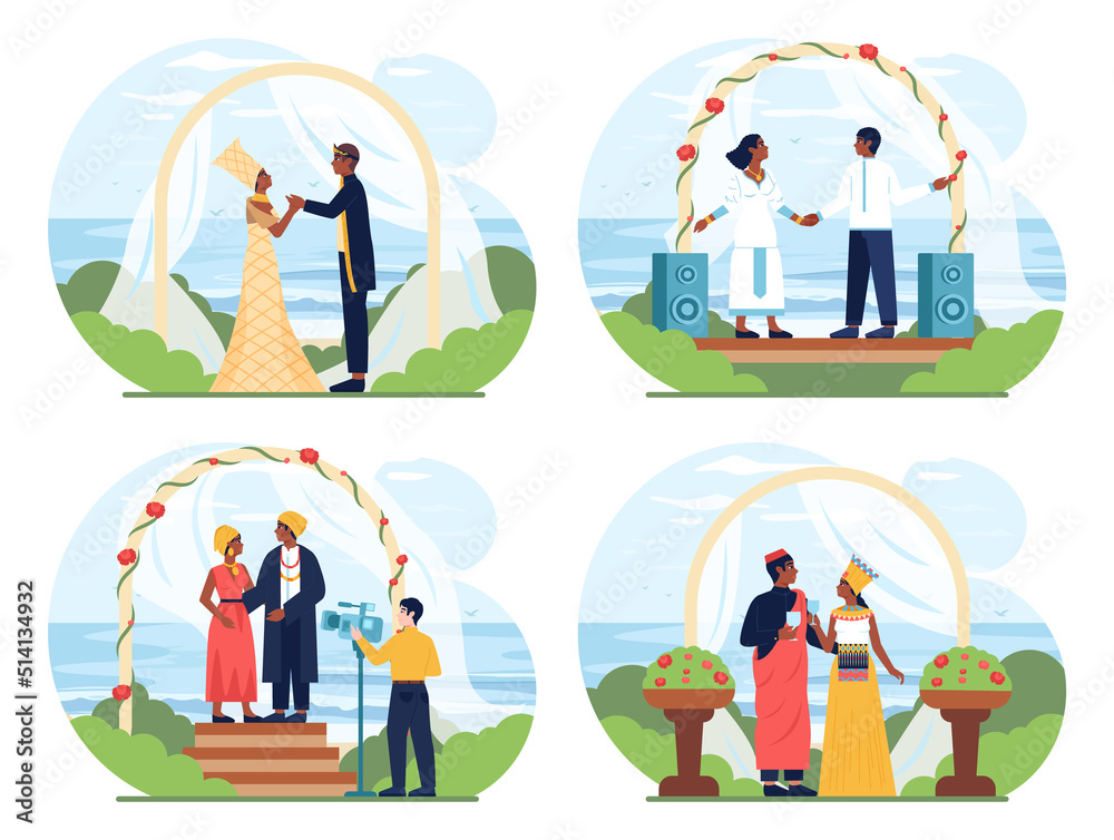 African wedding traditional ceremony set. Black bride and groom Stock ...