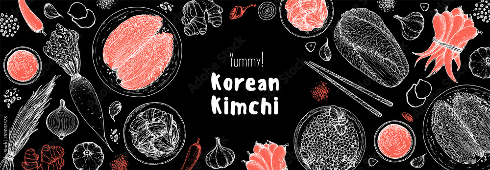 Kimchi cooking and ingredients for kimchi, sketch illustration. Korean ...