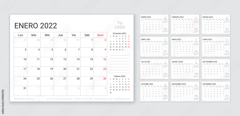 2022 planner. Spanish calendar template. Vector illustration. Yearly ...