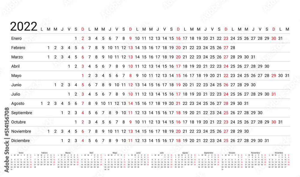 2022 Spanish linear calendar template. Planner grid. Vector ...