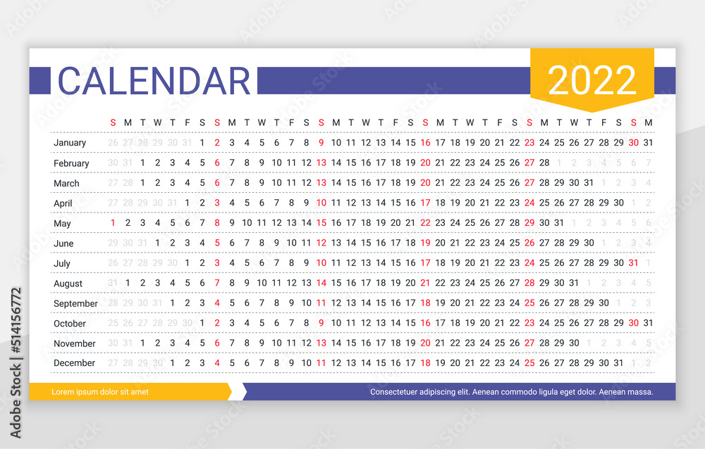 2022 linear calendar. Calender planner template. Vector illustration ...