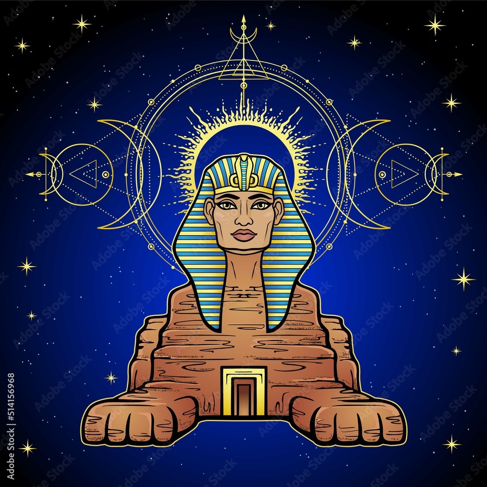 Animation color portrait: Egyptian sphinx body of a lion and the head ...