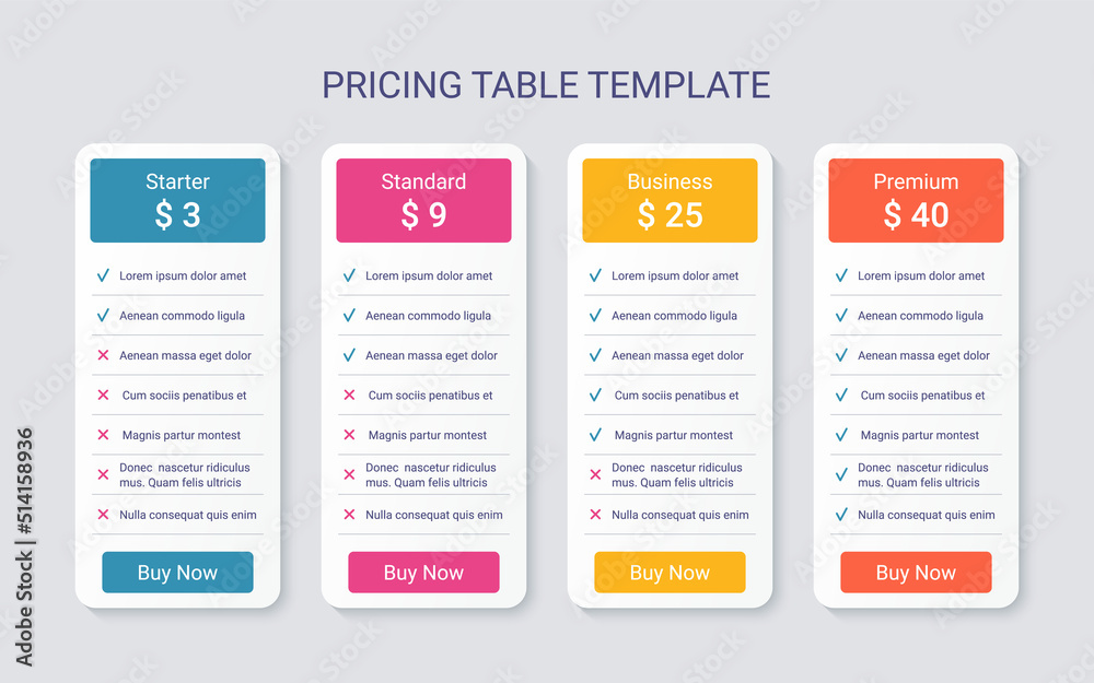 Price table template with 4 columns. Pricing data grid. Vector ...